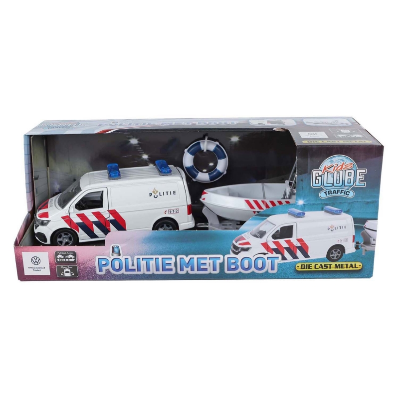 Machetă metalică VW Transporter Poliție cu barcă, Pentru copii, 29 cm ...