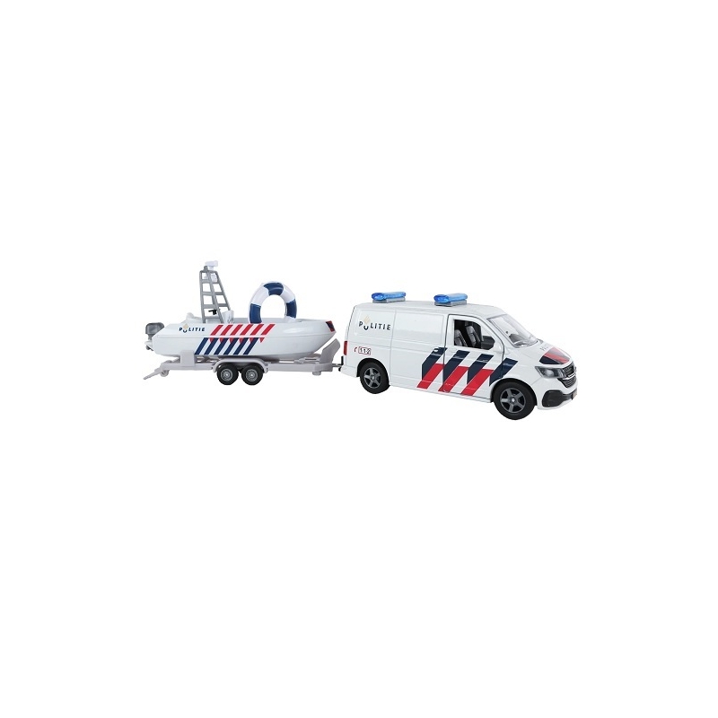 Machetă metalică VW Transporter Poliție cu barcă, Pentru copii, 29 cm ...